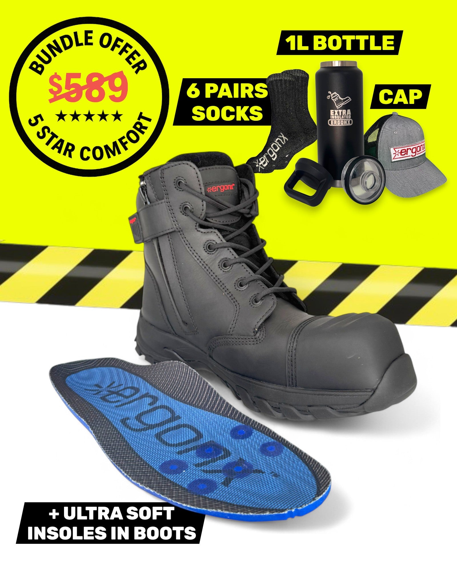 Ergonx Tan Lace Up Safety Boots + 6 Socks + 1L Bottle & Cap Bundle
